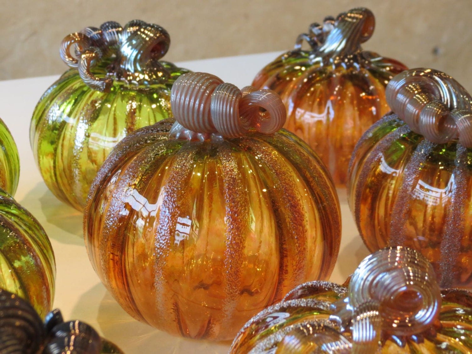 Wholesale Glass Pumpkins One Dozen Amber And Green 45