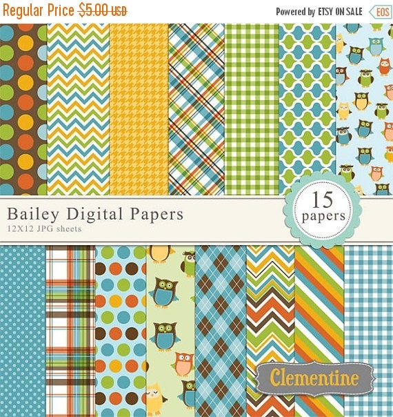60% OFF SALE Owl scrapbook paper 12x12 boy by ClementineDigitals