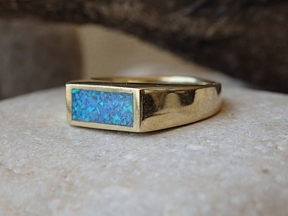 Rectangle Opal Ring Gold Fire Opal Signet Ring Blue Opal