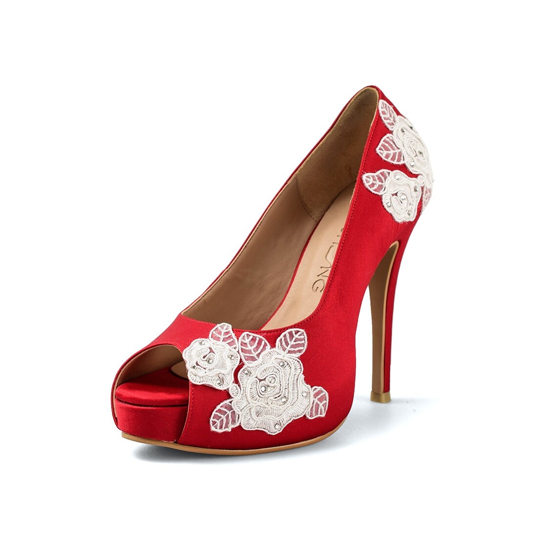 Red Rose Garden V3 Wedding Heels Red Satin Lace Bridal Heels