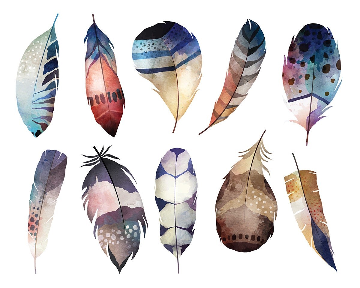 Watercolor Boho Feathers Clipart Set of 10 High Quality PNG