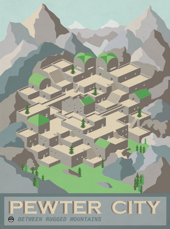 Pokemon Travel Poster Pewter City by CraftCrumpledPapers on Etsy