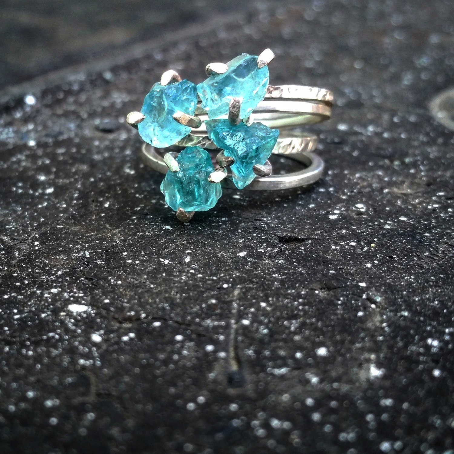 Raw Stone Ring Set of 3 Raw Apatite Ring Rough Stone Ring Set
