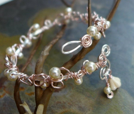 Items similar to Wire Wrapped Pearl Bracelet,Adjustable Silver Pearl ...