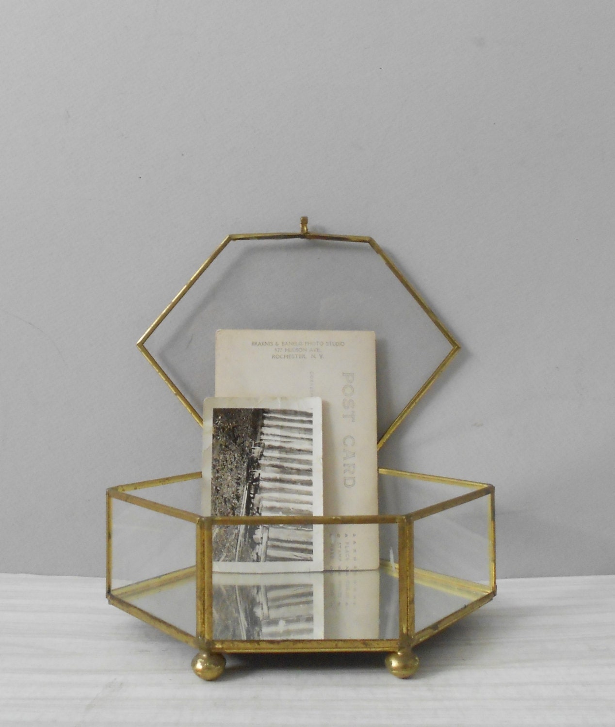 vintage brass glass mirror curio box / geometric trinket box display ...