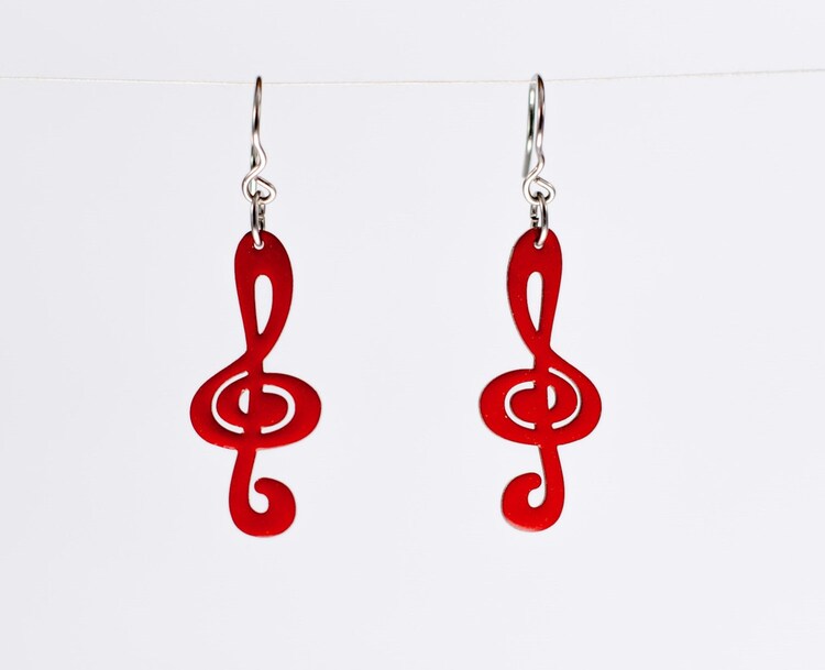 Stainless Steel Red Treble Clef Earrings for Music by CinkyLinky