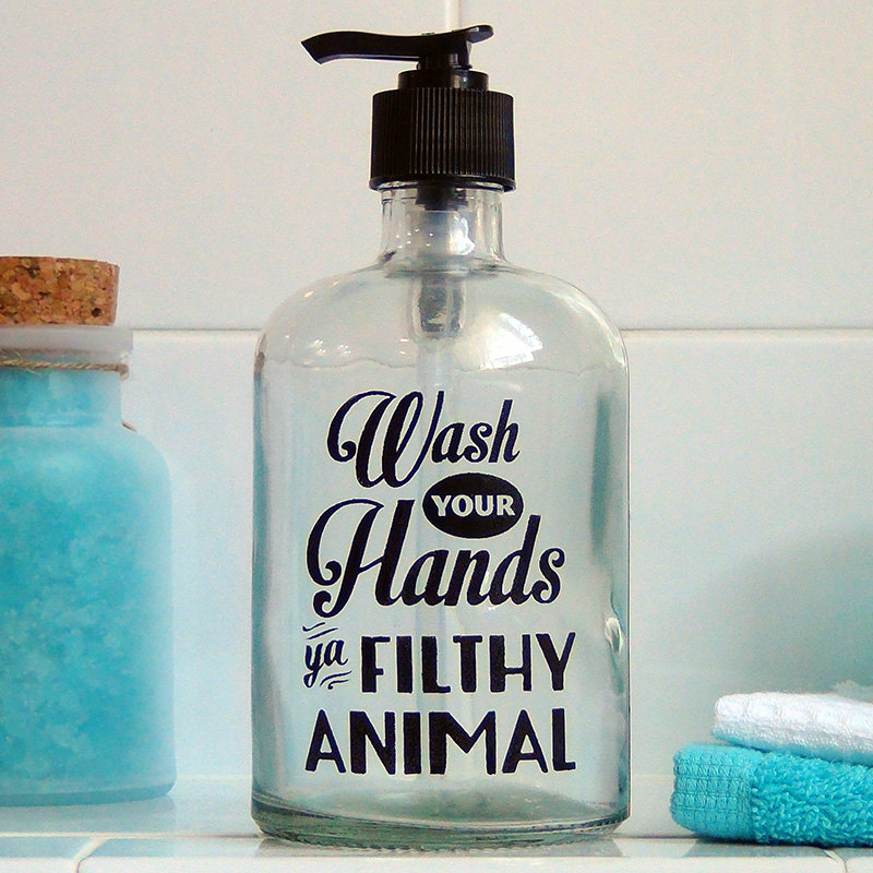 Quirky screen printed glass soap bottles by ClearstoryGlass
