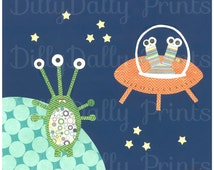 Alien Art, UFO Print, Cut paper Outer Space Scene, Alien Collage ...