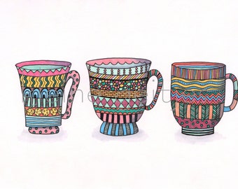 Items similar to Tea cups Coffee cups print whimsical colorful stylized ...