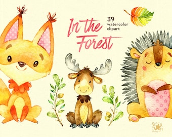 Woodland Friends 3. Watercolor animals clipart fox forest