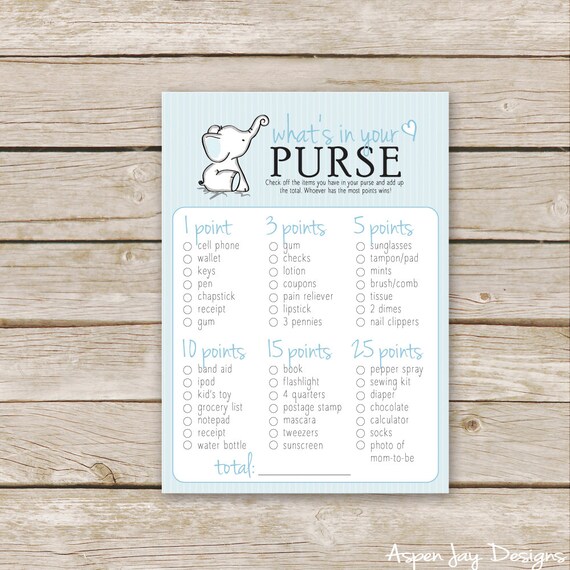 Blue Elephant Baby Shower What's in your Purse by AspenJayDesigns