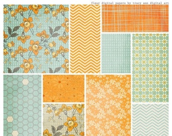 Items similar to Teal and Orange Patterned Digital Scrapbook Papers ...