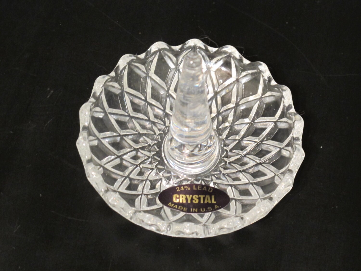 Vintage Crystal Ring Holder Made in USA NOS / Hand Cut Clear