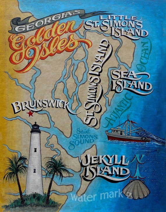 Golden Isles of Georgia Coast Map Print art