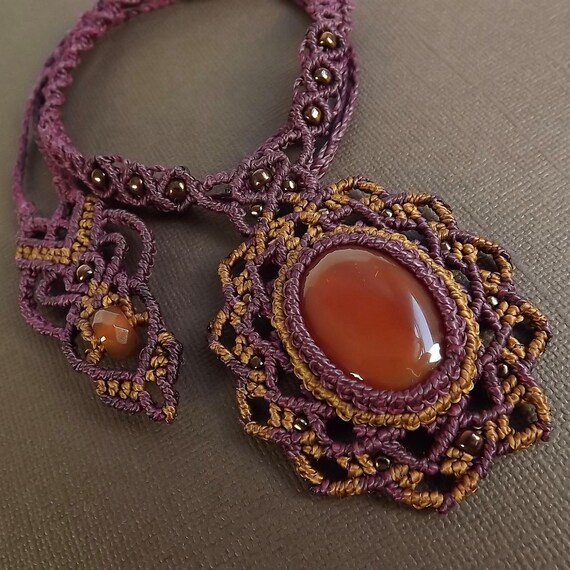 Items similar to Macrame Necklace, Carnelian Necklace, Burgundy and ...