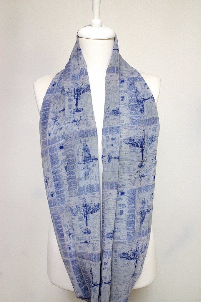 Airplane Scarf Infinity Scarf Blue Print Scarf by Aslidesign