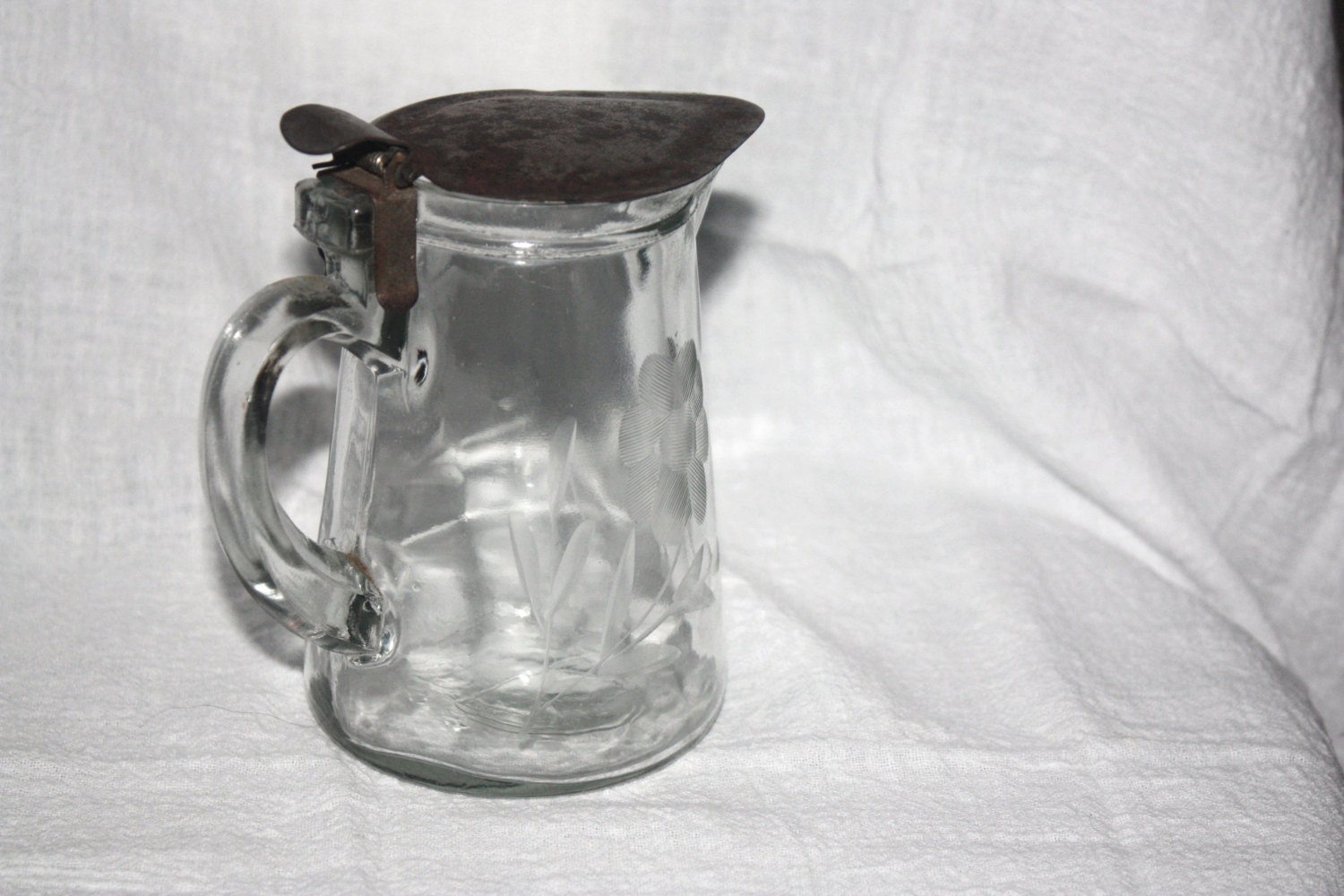 Antique Etched Glass Syrup Pitcher Pat 1910 with Metal Lid