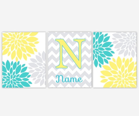 Baby Girl Nursery Wall Art Yellow Aqua Teal Turquoise Gray