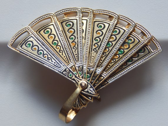 Vintage Fan Brooch Pendant Vintage Spain Damascene Folding