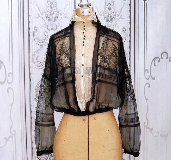 Vintage Victorian Blouse Antique Black Silk Chiffon