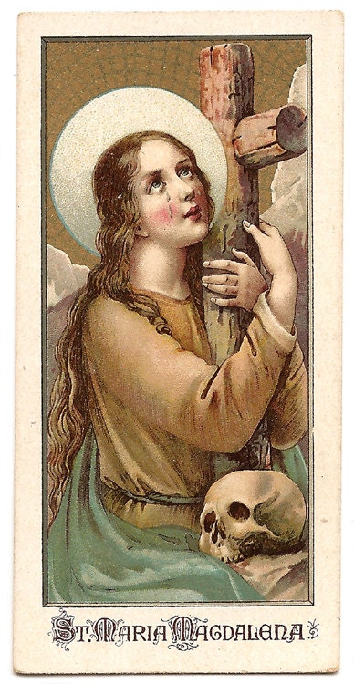 St. Mary Magdalene with Cross Antique Catholic Goldprint