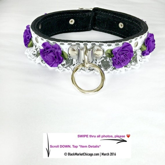 Sissy Maid Bondage Collar Leather PURPLE Carnations and Lace