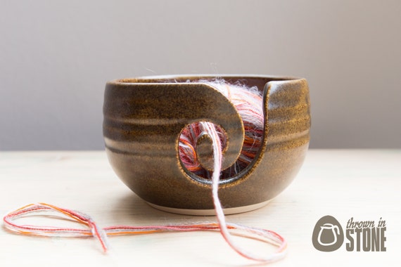 Yarn Bowl Brown Speckled Wool Bowl Wood Effect by ThrownInStone
