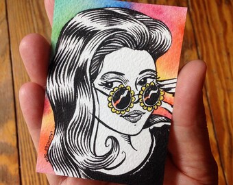 Original ACEO Pen and Ink Drawing of Happy Little Child in