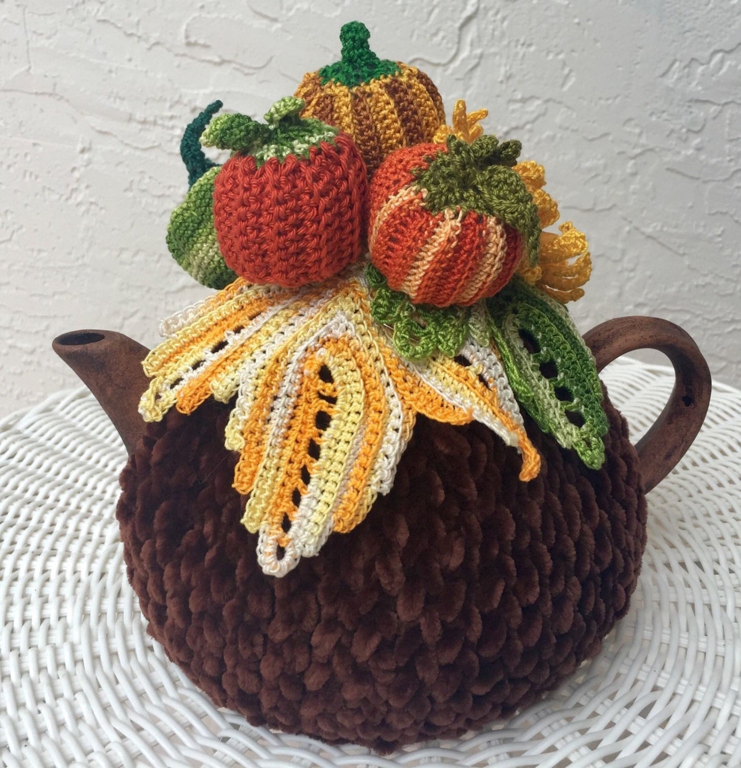 Crochet tea cozy brown tea cover sunflower tea cosy tea warmer