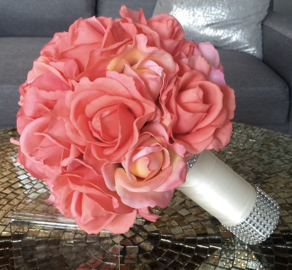 Coral Real Touch Rose Bouquet Coral and Aqua Bouquet Coral