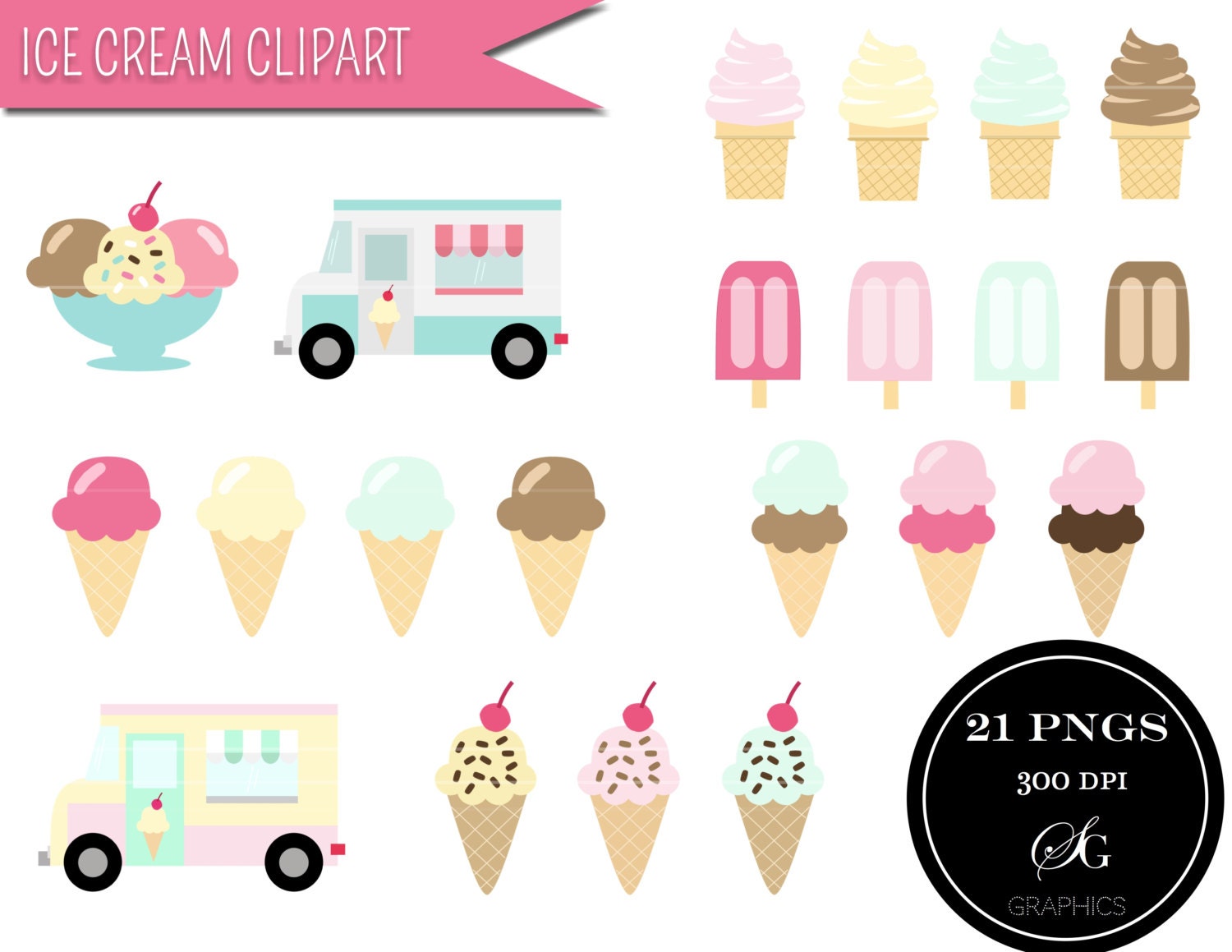 Ice cream clipart set: ICE CREAM CLIPART with 21