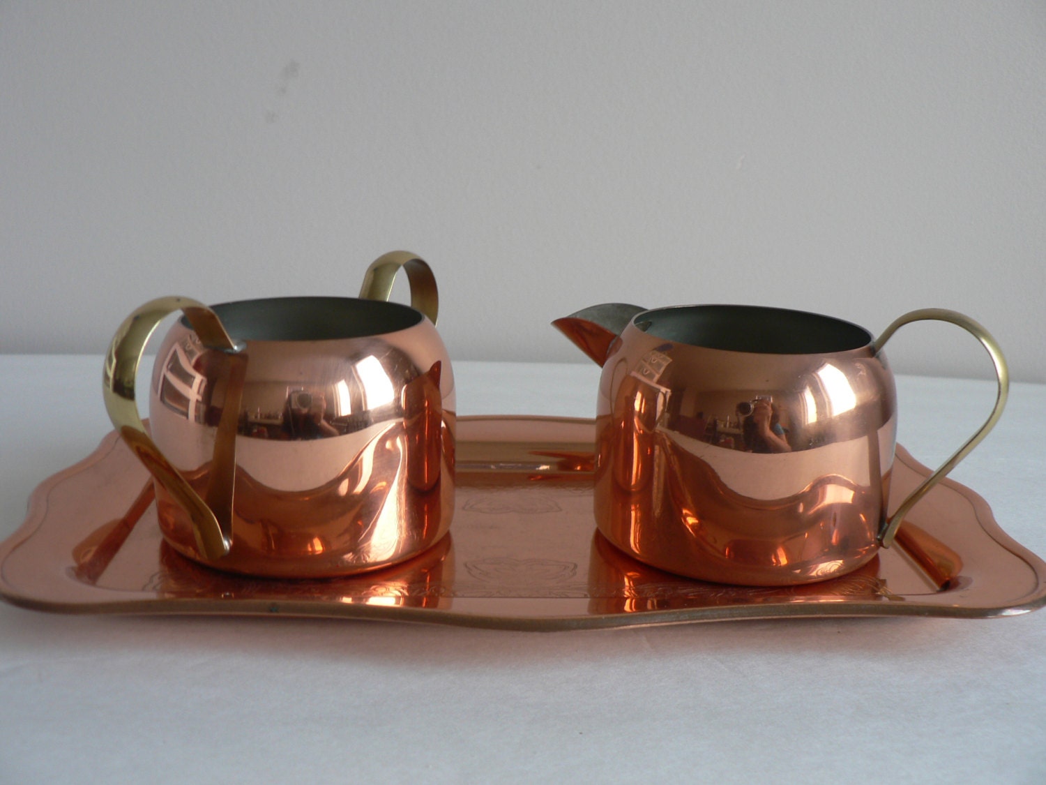 Vintage Coppercraft Guild Copper Sugar Bowl and Creamer Set on Tray Tea ...