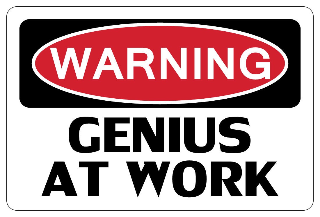 GENIUS AT WORK Warning Funny Novelty Sign gag gift