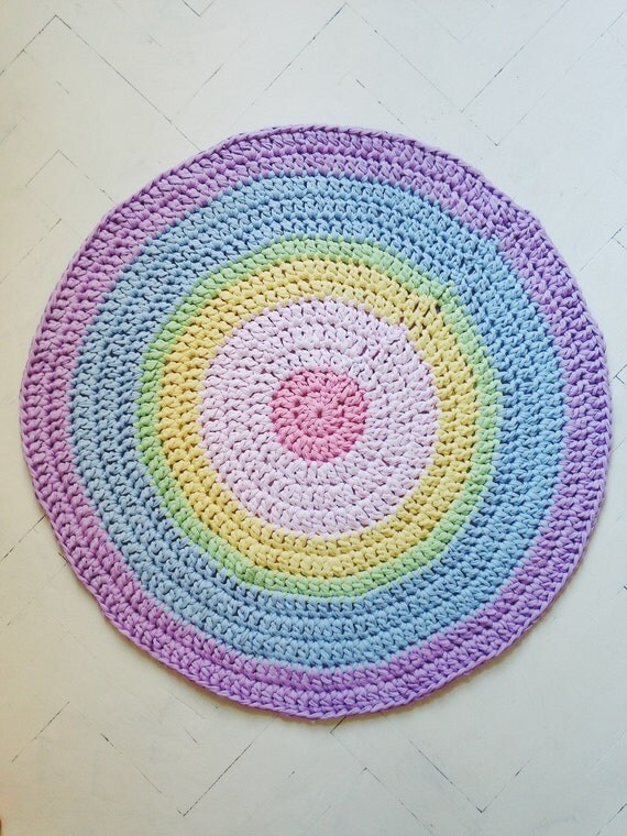 Pastel rainbow crochet rug round cotton floor rug by TwoLazyCats