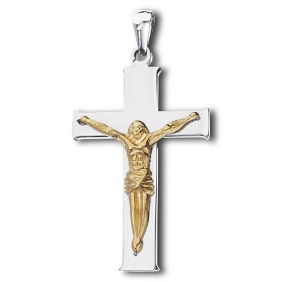 Large Stainless Steel Crucifix Cross Pendant With Gold Christ