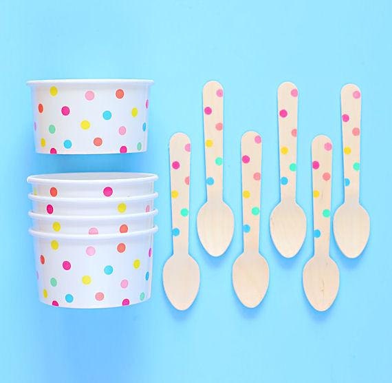 Pastel Rainbow Polka Dot Ice Cream Cups & Wooden Spoons, Rainbow Party ...