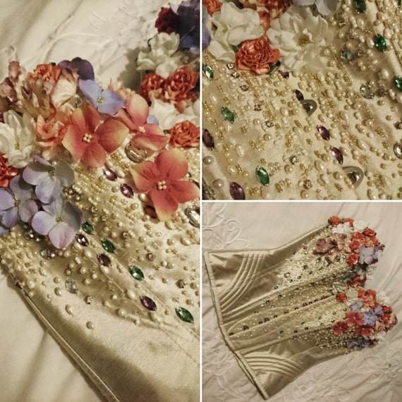 Hand beaded silk flower burlesque corset Flower by ChapeauCarmine