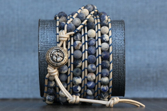 wrap bracelet sodalite on pearl white leather blue white