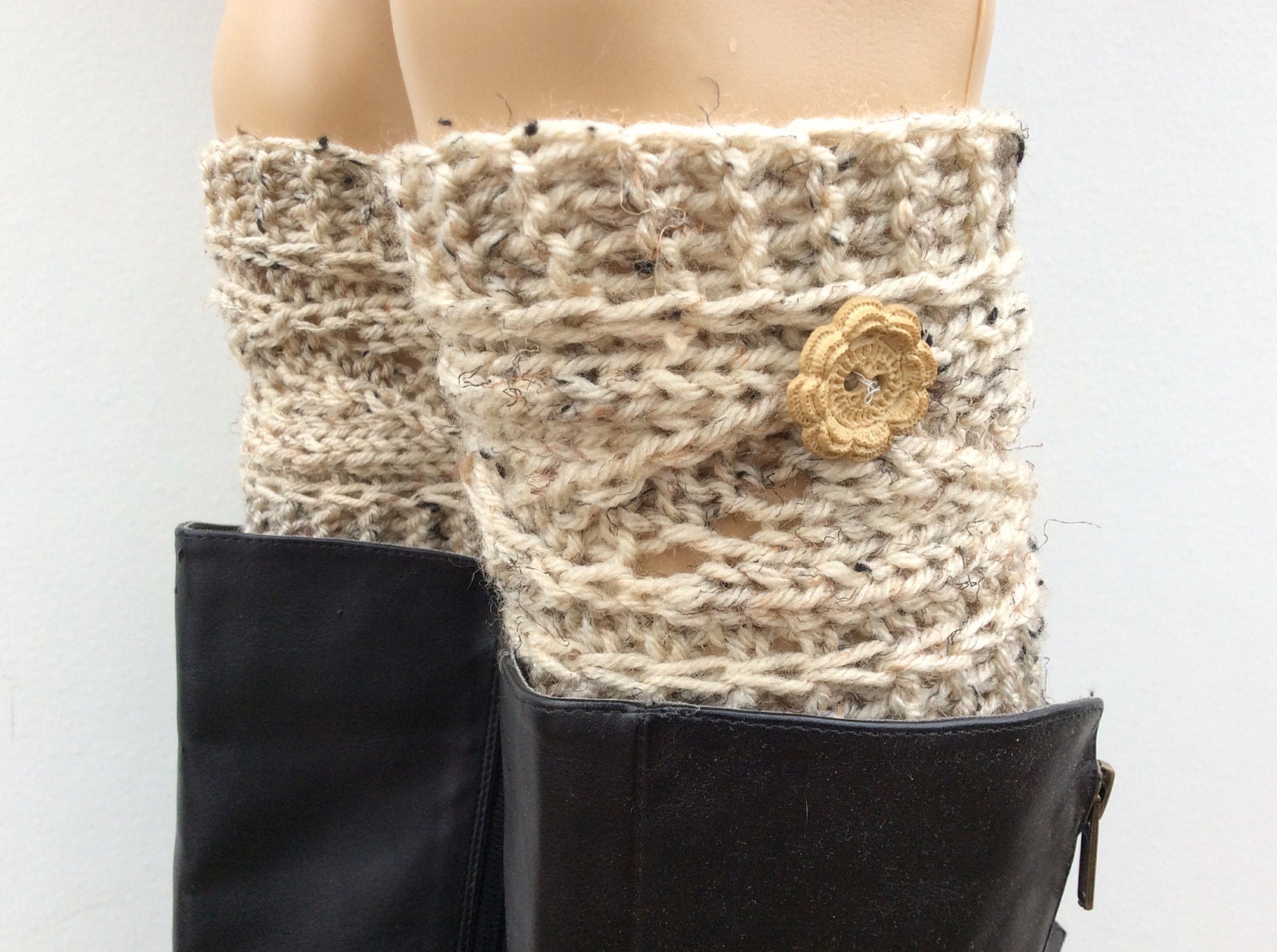 Oatmeal color Knitted Boot Toppers Boot warmers with button