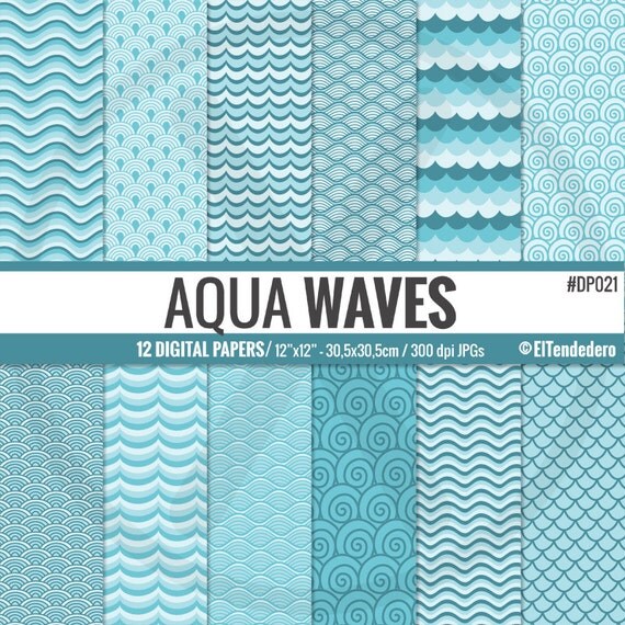 Items similar to Wave digital paper pack "Aqua waves" with blue wave ...