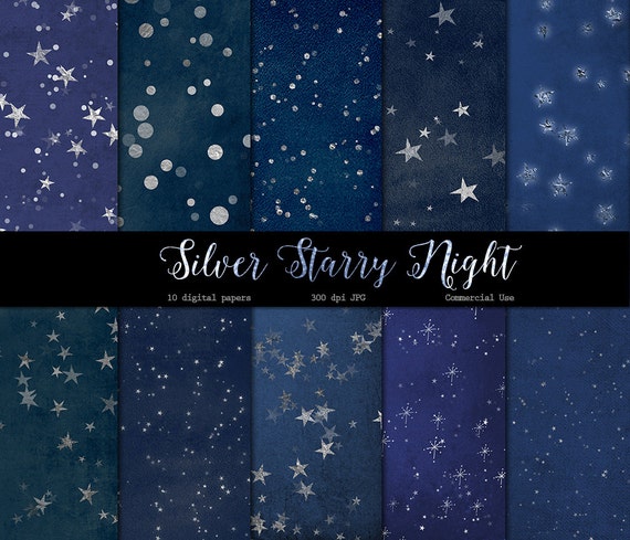 Silver Starry Night Digital Paper Backgrounds Celestial