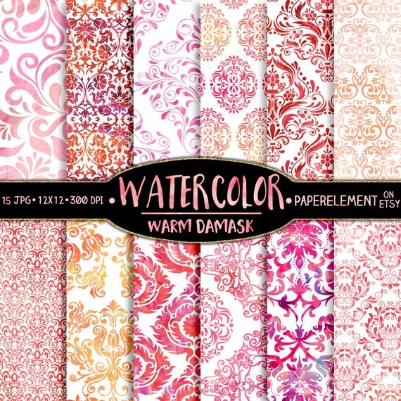 Watercolor Damask Digital Paper Pack Damask by PaperElement