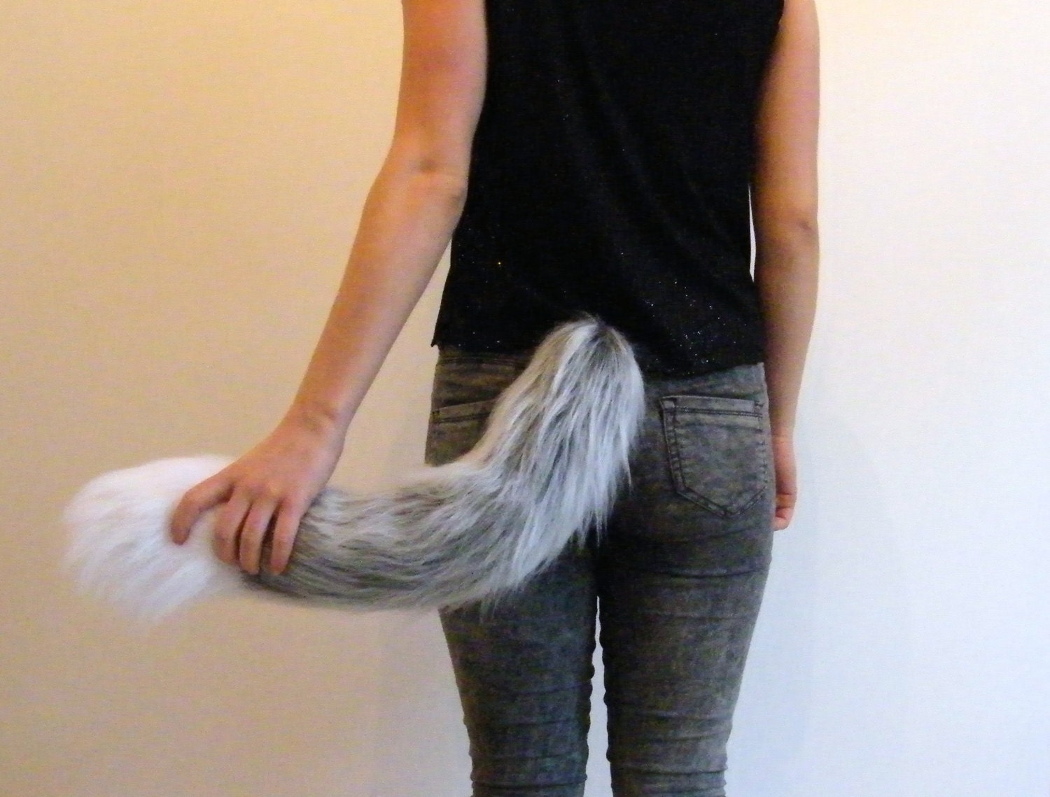 Grey Wolf Tail Faux Fur Clip On Cosplay