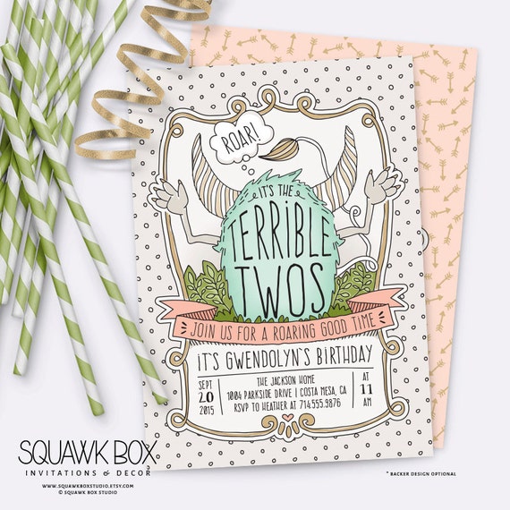 Terrible Twos Birthday Invitation Set GIRL by SquawkBoxStudio