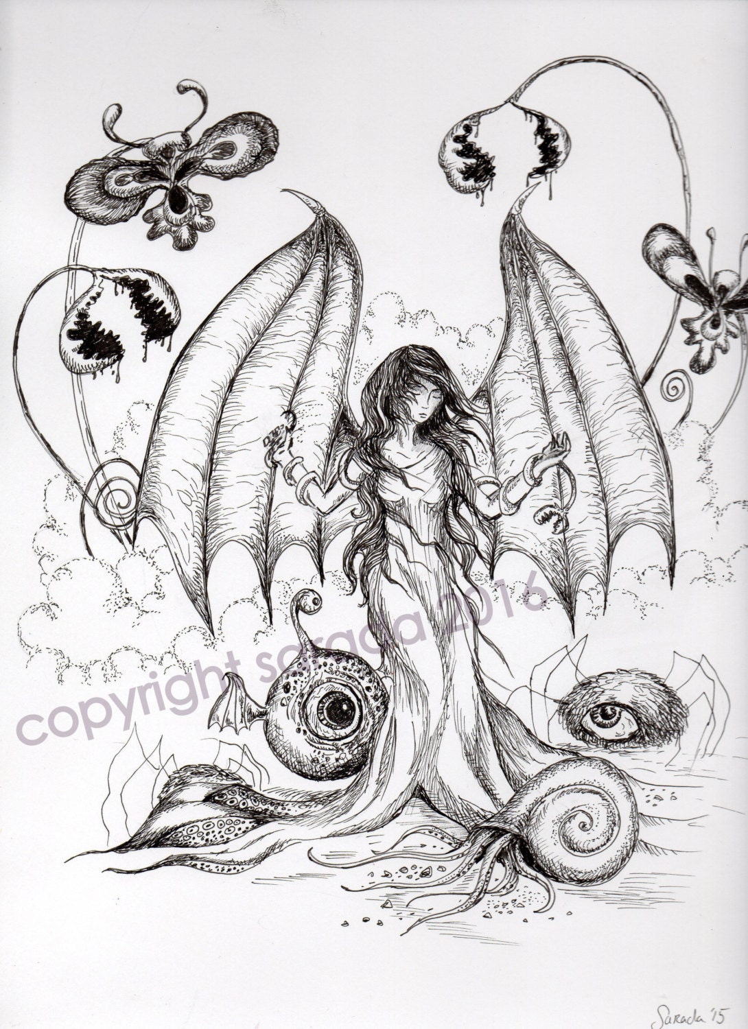 Mistress of Monsters gothic pen and ink art 9 x 12 drawing