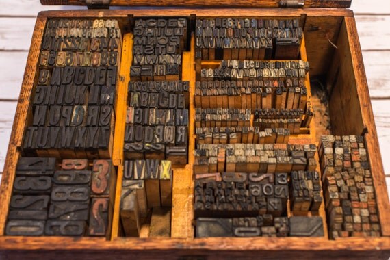 SALE Antique Wooden Dovetailed Printer Box Block Letter Stamps