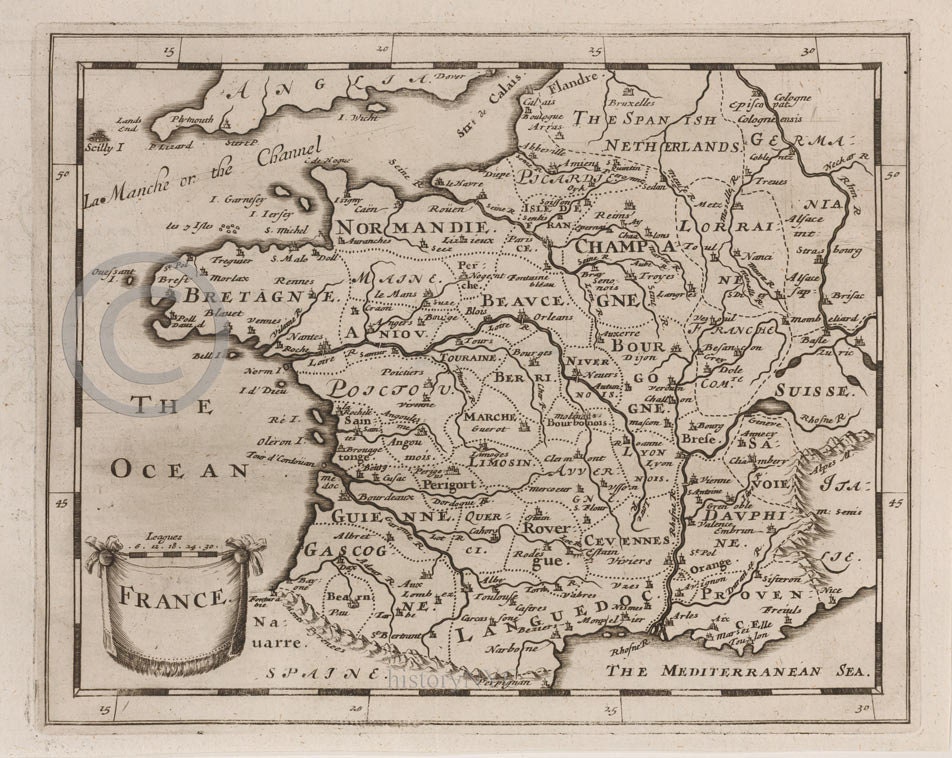 1691 Historical Wall Map France Louis XIII Henry IV Vintage