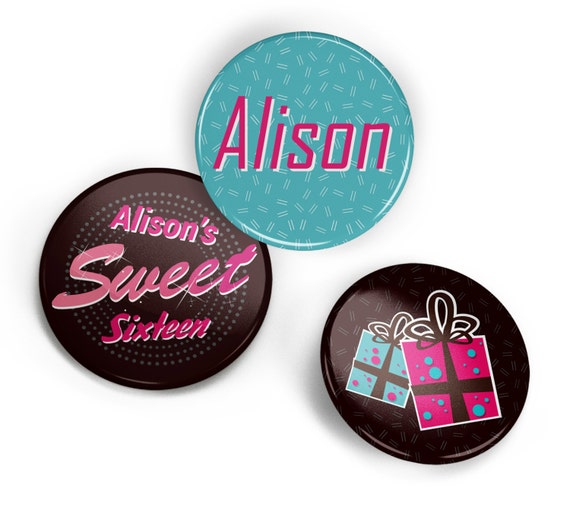 Items similar to Custom sweet sixteen pins set, party pins, cute sweet ...