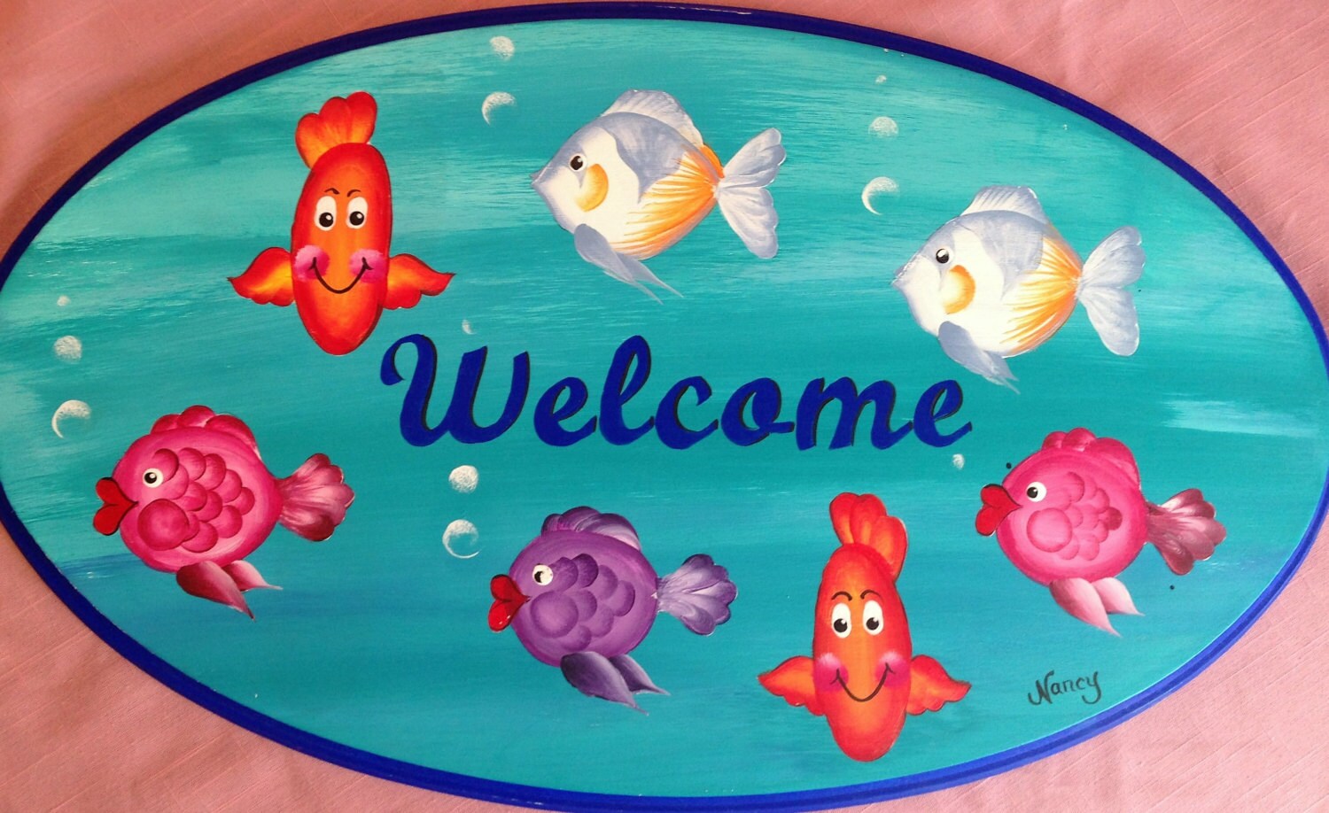 Welcome sign Whimsical fish hand painted on an by ThePaintedVine