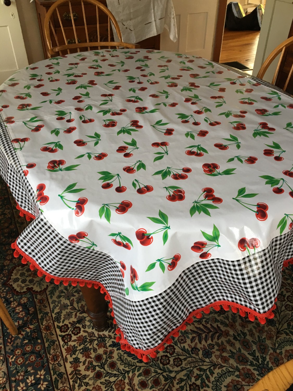 Retro two patterned cherries and gingham oilcloth tablecloth
